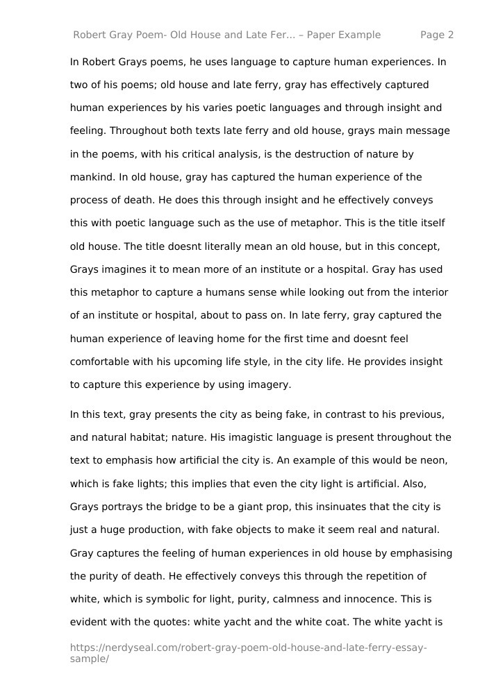 Robert Gray Poem- Old House and Late Ferry Essay Sample - 843 Words ...