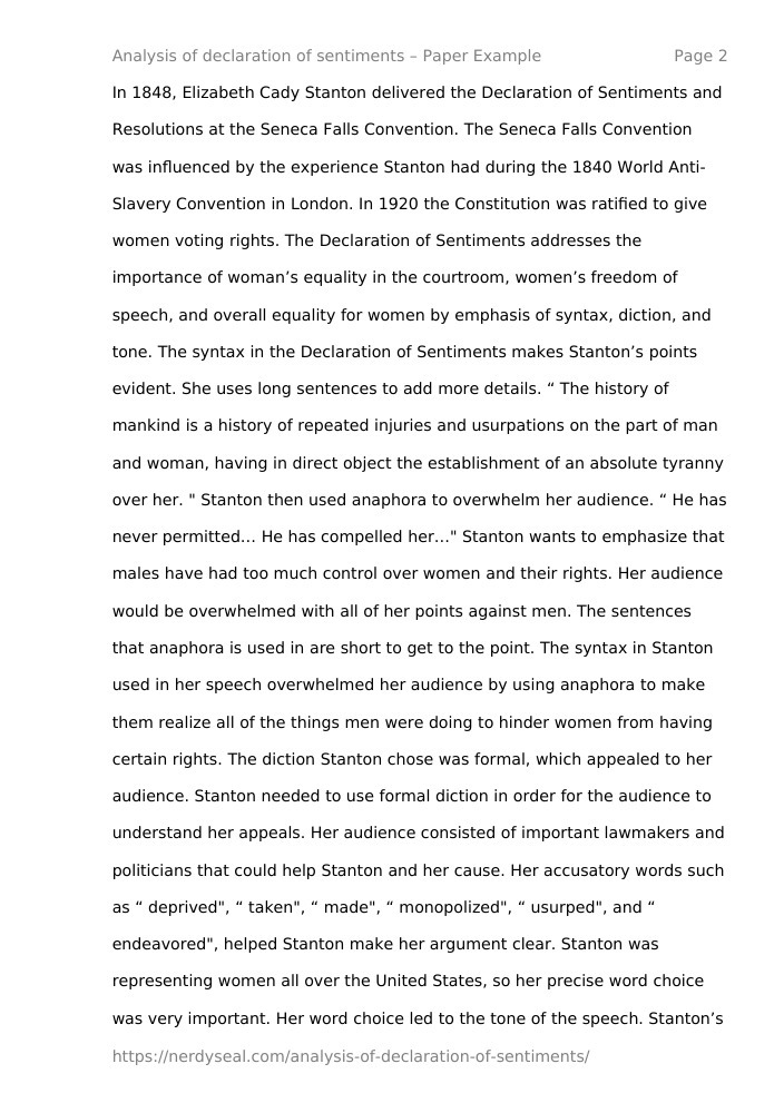 Analysis of declaration of sentiments - 416 Words - NerdySeal